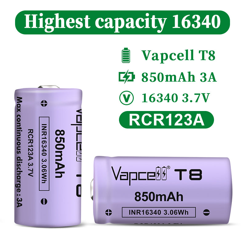 Vapcell 16340 T8 850mAh 3A - Button Top Battery